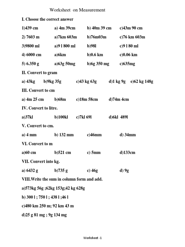 Worksheet On Measurement | PDF