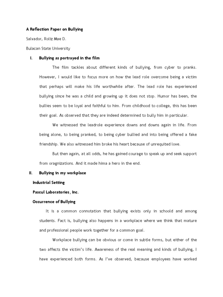 Bullying Reflection Paper | PDF | Bullying | Social Psychology