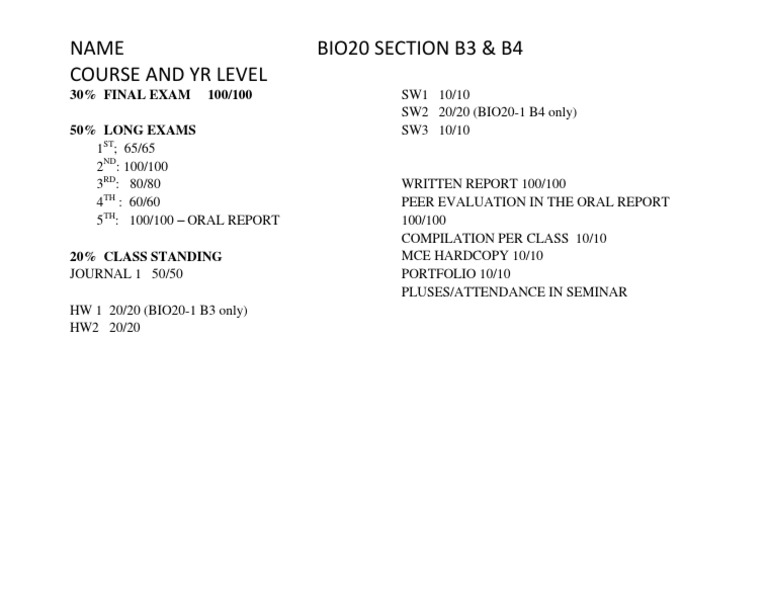 BIO20 Exam and Grading Overview | PDF | Science & Mathematics