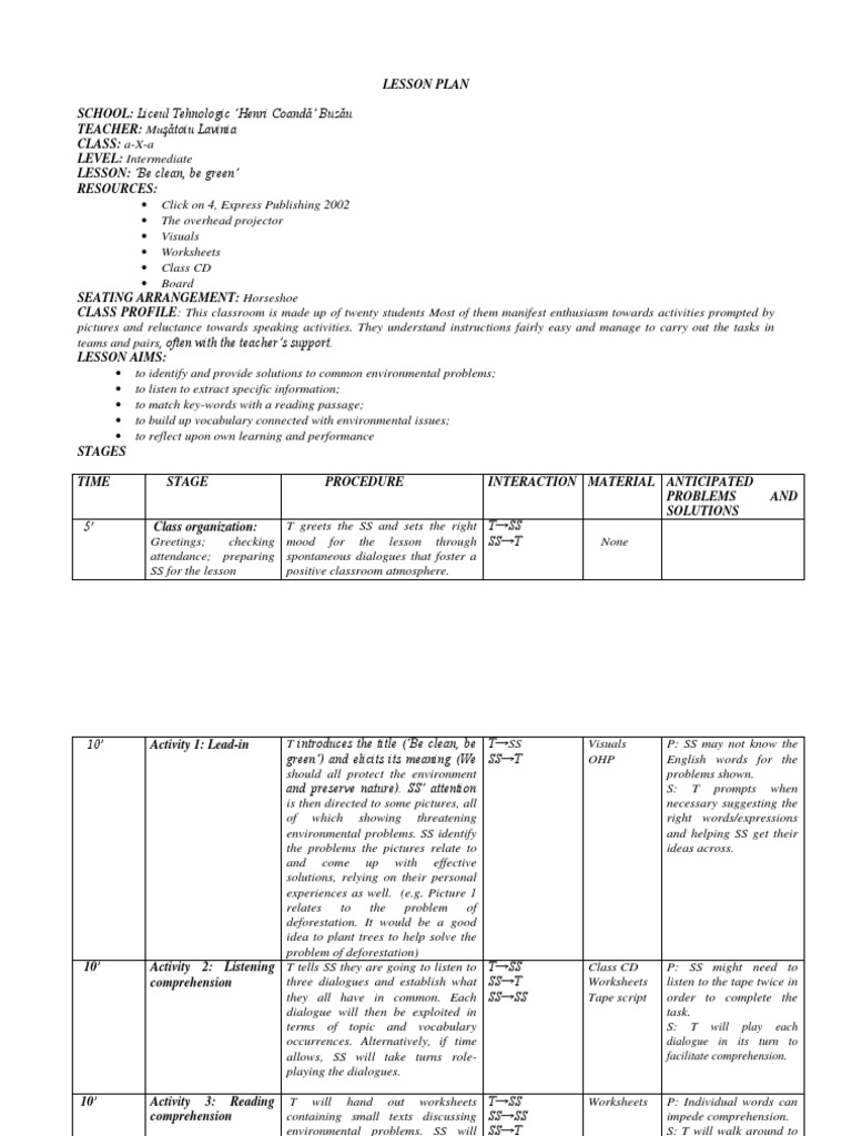 Lesson Plan Be Clean Be Green | PDF | Reading Comprehension | Lesson Plan