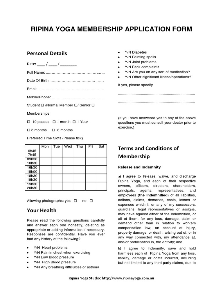 Ripina Yoga Membership Application Form | Indemnity | Wellness | Free ...
