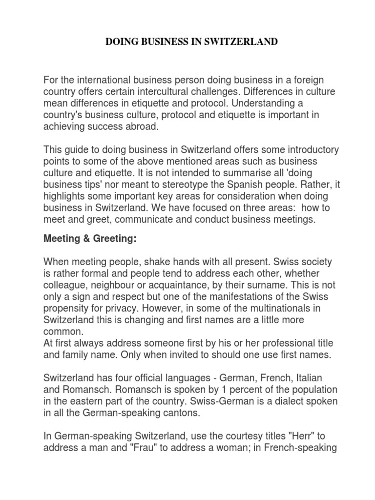 Business Etiquette In Switzerland Pdf Switzerland Etiquette