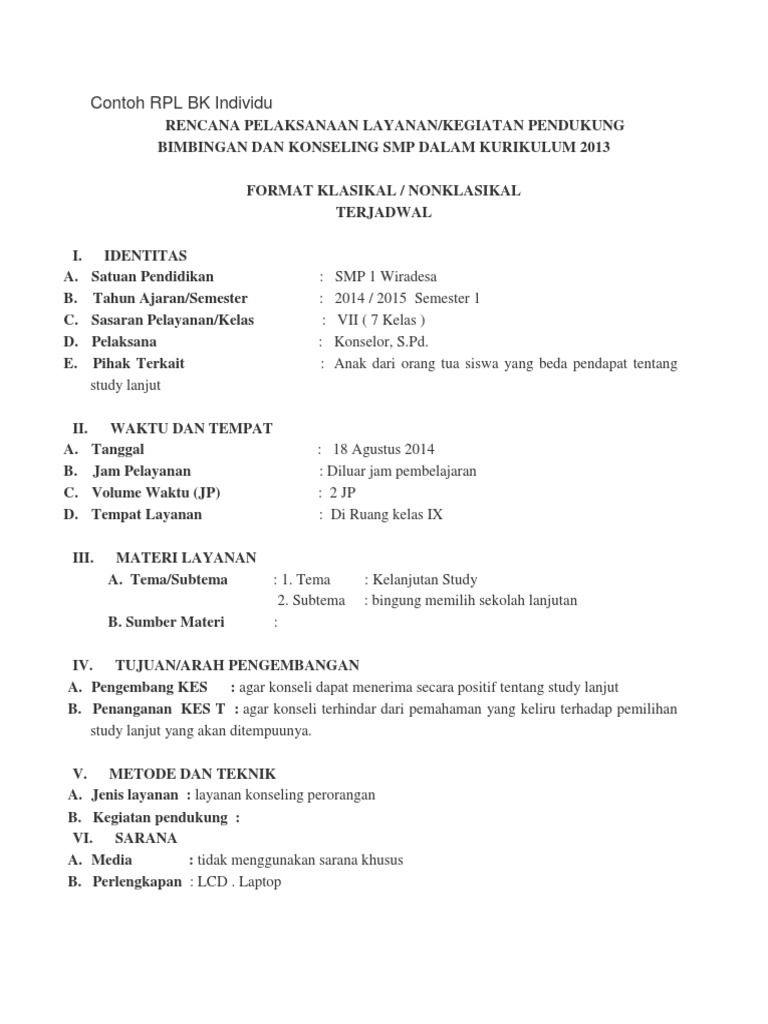 Contoh RPL BK Individu | PDF | Karier & Perkembangan | Ilmu Sosial