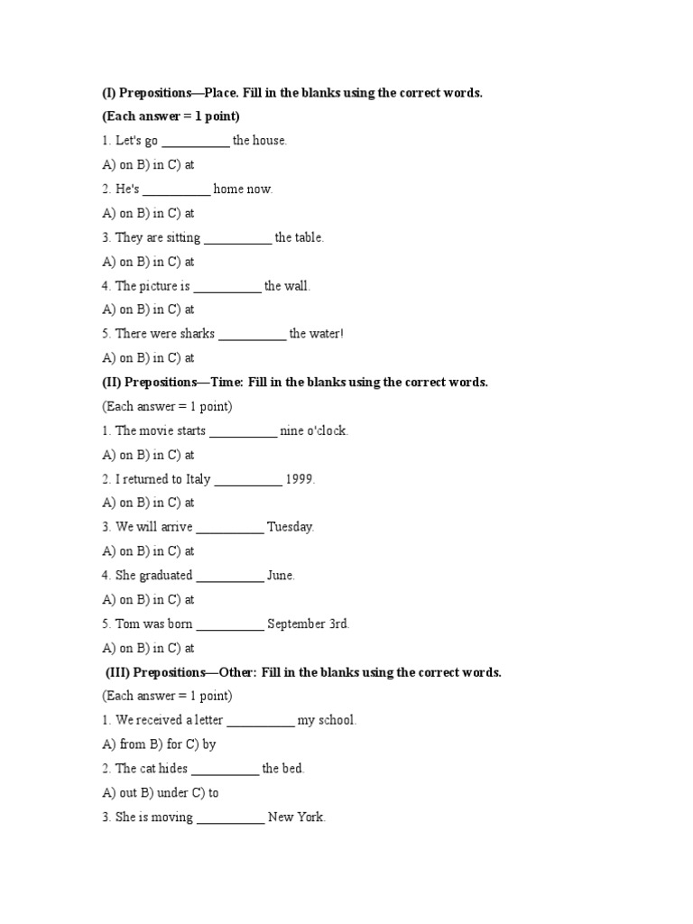 Prepositions and Conjunctions Practice Quiz | PDF