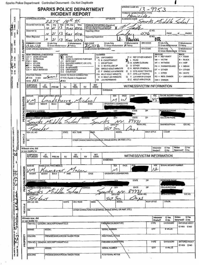 Sparks Police Department Incident Report- Sparks Middle School Shooting