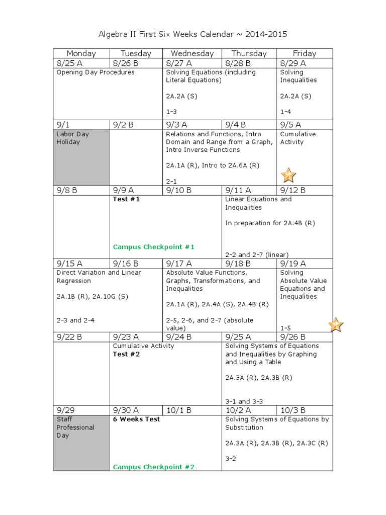 Algebra II First Six Weeks Calendar | PDF | Teaching Methods & Materials