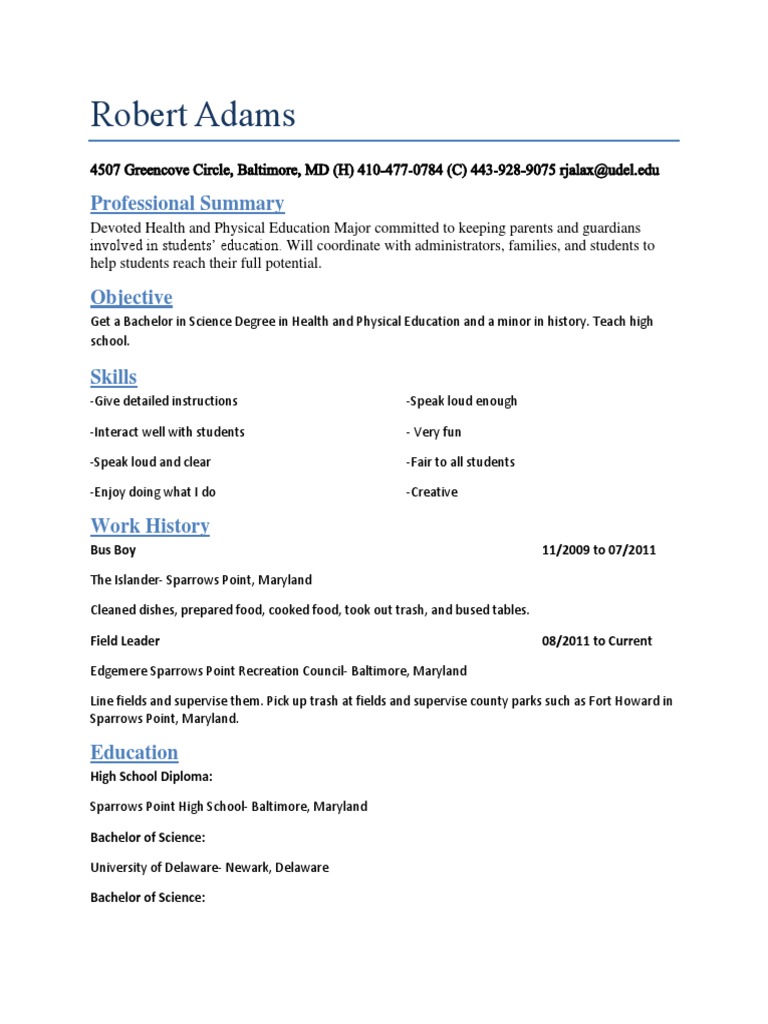 Health & PE Major Resume | PDF