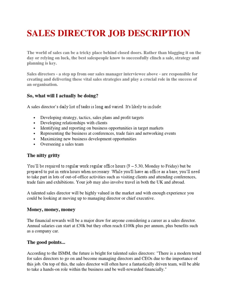 Job Description - Sales Director | PDF | Sales | Board Of Directors