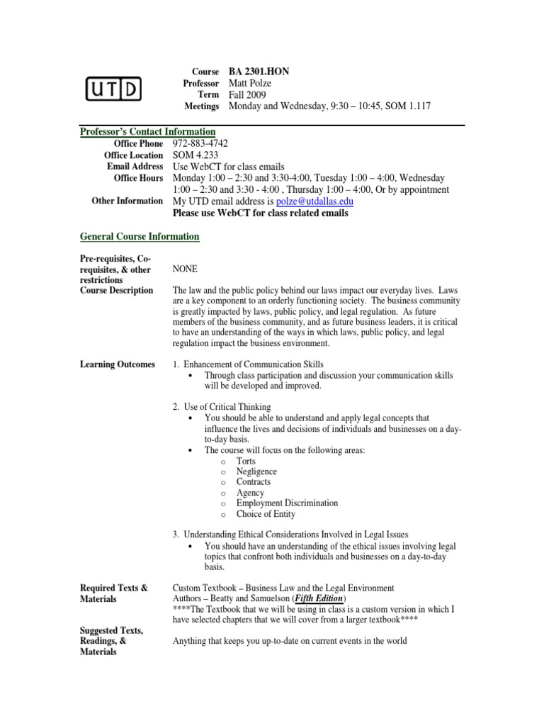 UT Dallas Syllabus For Ba2301.hon.09f Taught by Matthew Polze ...