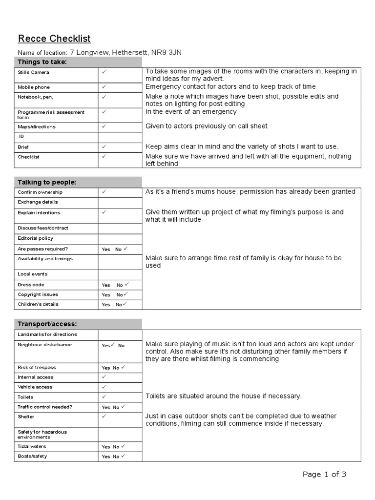 RECCE - CHECKLIST (House 2) | PDF