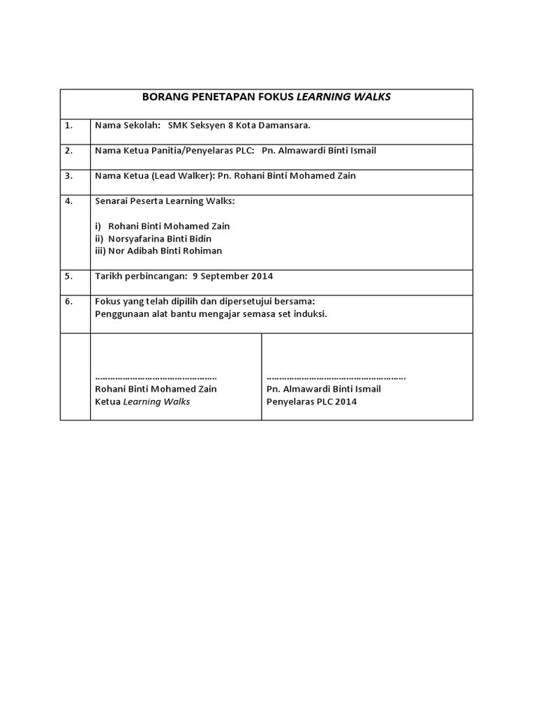 Borang Penetapan Fokus Learning Walks | PDF | Ilmu Sosial