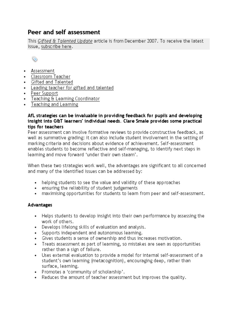 Peer And Self Assessment Pdf Educational Assessment Teaching
