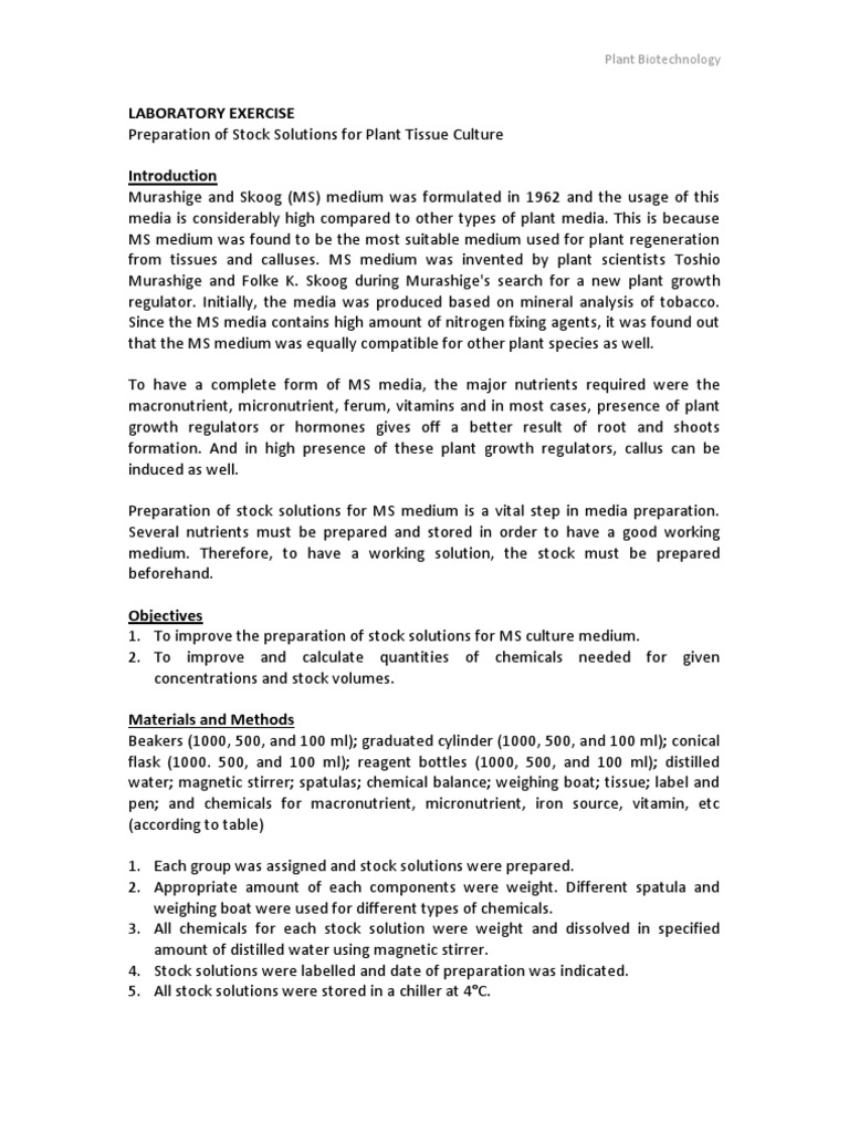 Preparation of Stock Solutions For Plant Tissue Culture | PDF ...