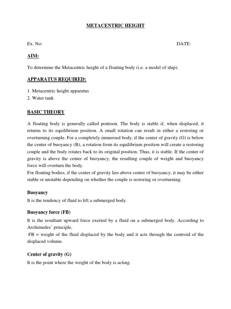 Metacentric Height | PDF | Buoyancy | Civil Engineering