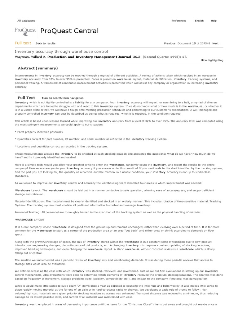 Inventory Accuracy Through Warehouse Control - ProQuest Central - ProQuest PDF | PDF | Warehouse ...