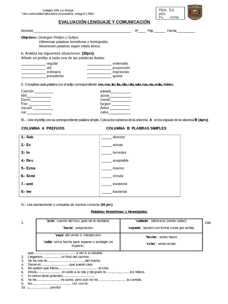 EVALUACION PREFIJOS Y SUFIJOS Homofonos Homografos | PDF | Lingüística ...