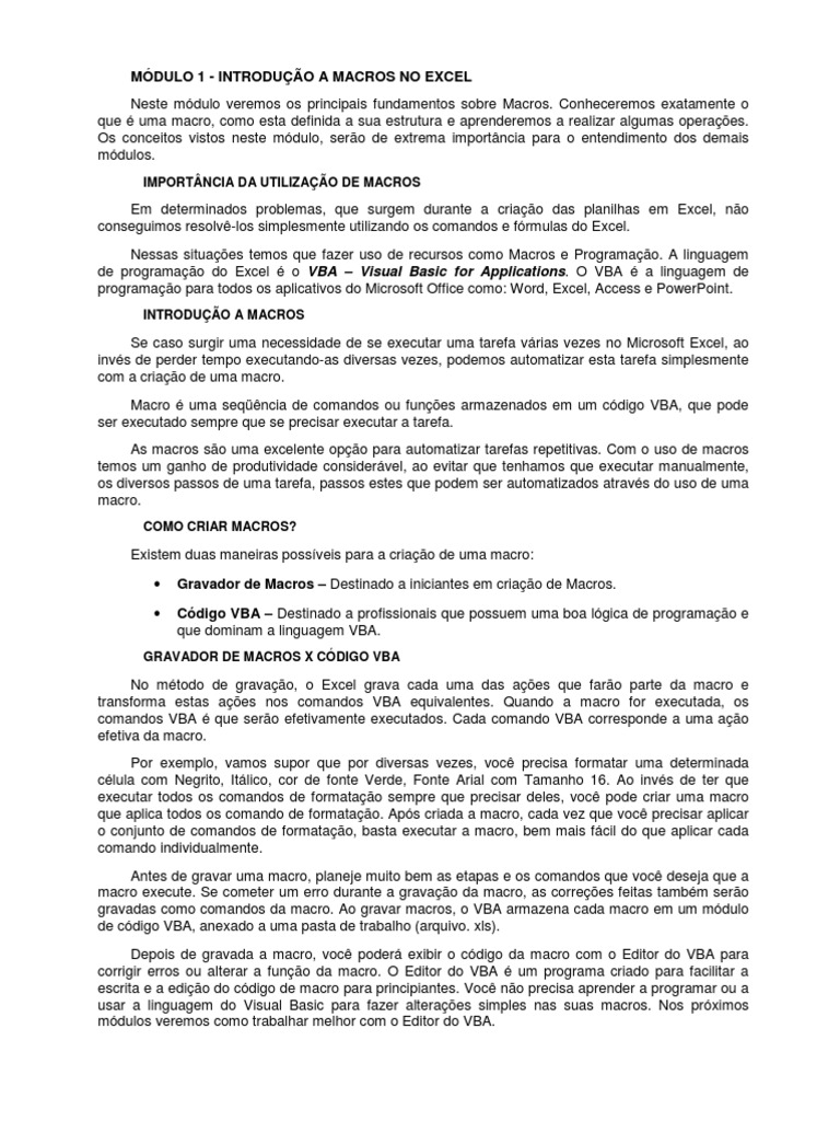 A4 Apostila Excel Vba Pdf Pdf Macro Ciência Da Computação Visual Basic For 