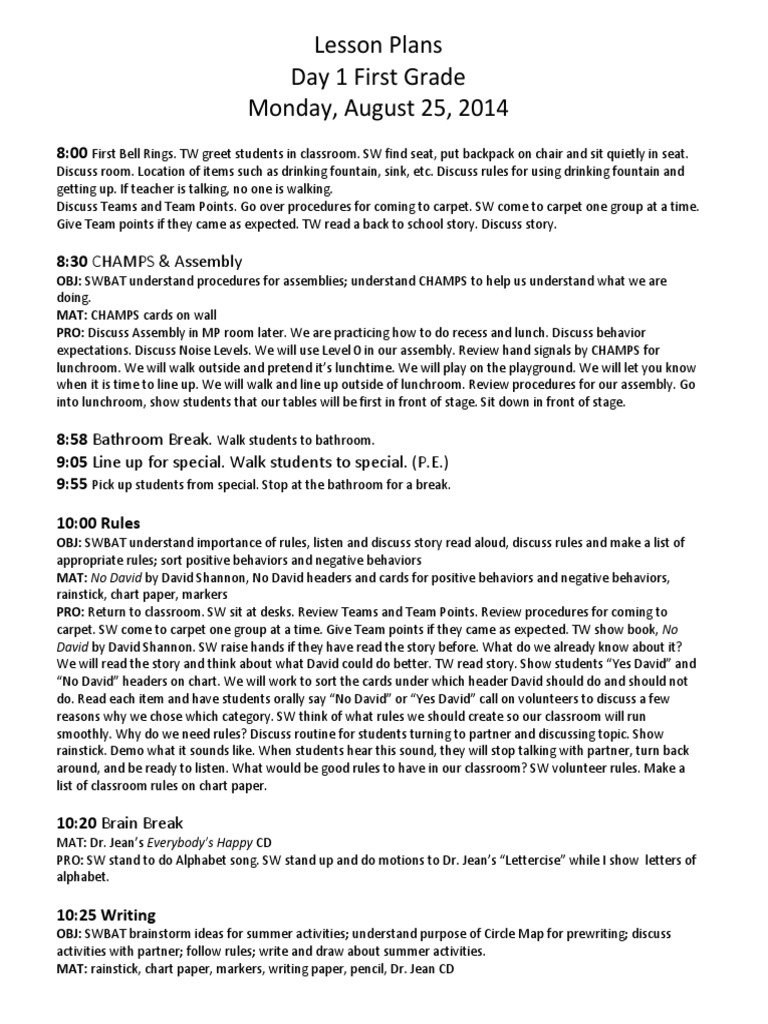 Lesson Plans Day 1 First Grade Monday, August 25, 2014 | PDF | Classroom