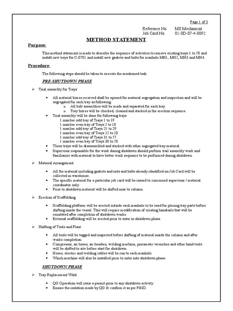 004-Sample Method Statement Mechanical Shutdown | Equipment ... 004-Sample Method Statement Mechanical Shutdown | Equipment ...