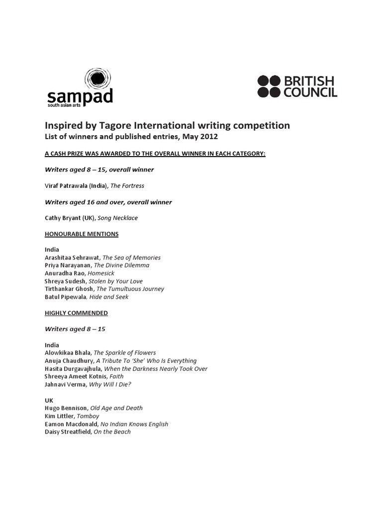 Full List of Tagore Competition Winners and Book Entries | PDF ...