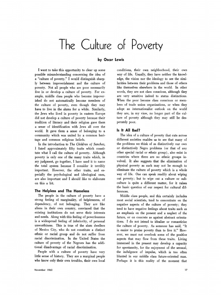 The Culture of Poverty, Oscar Lewis | Poverty | Society