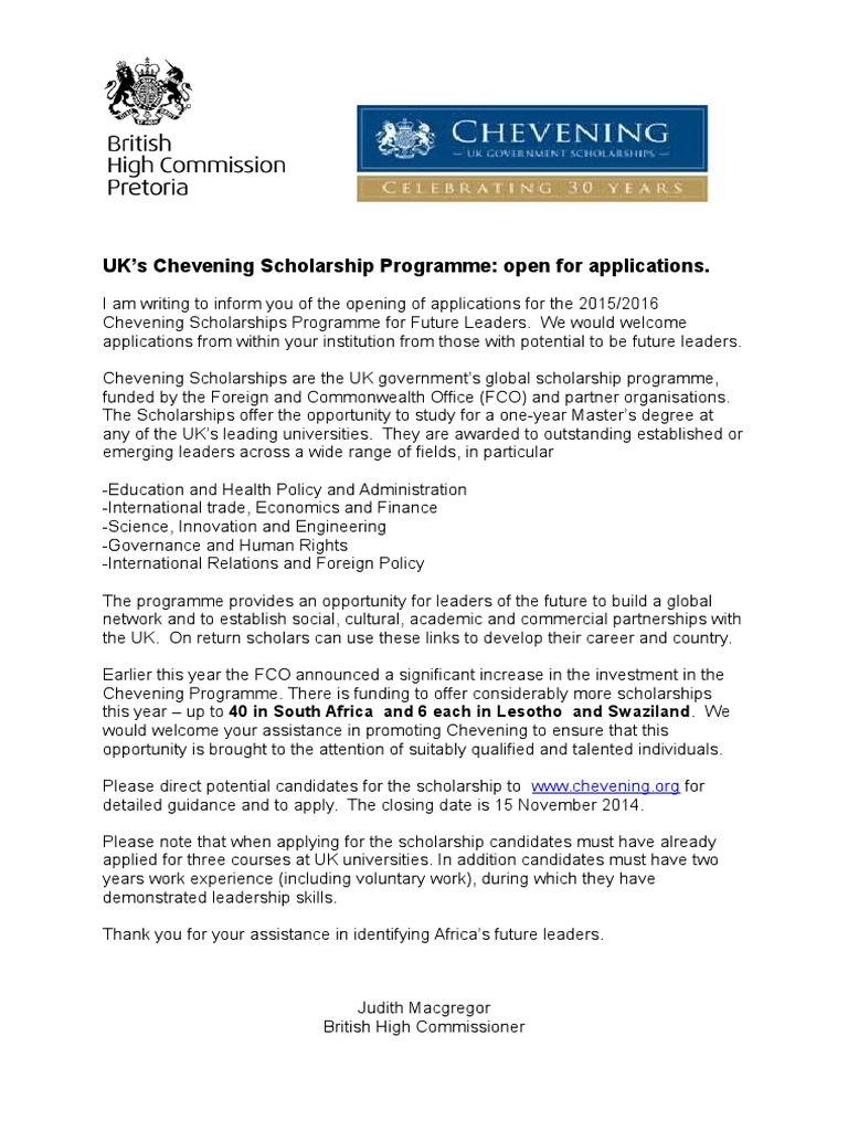 Chevening Scholarships 2015/2016 Open | PDF | Students | Education Finance