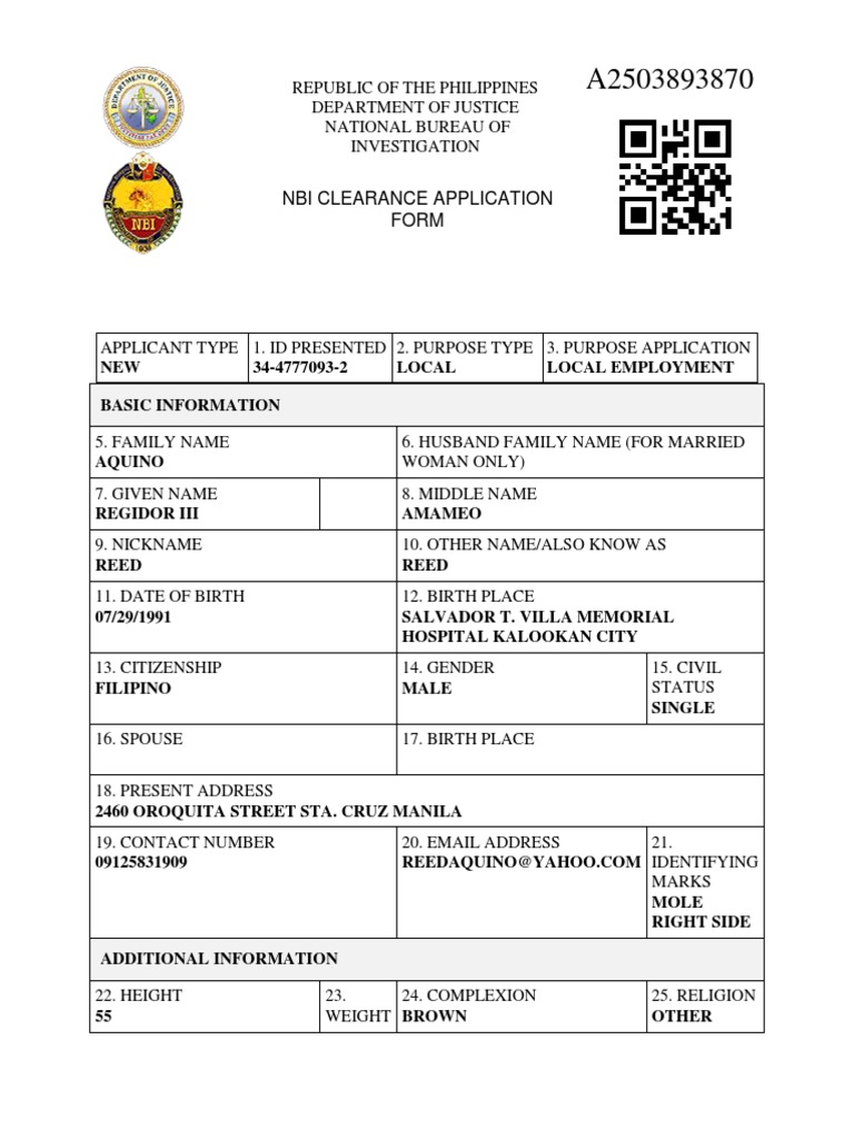 NBI Clearance Application Form Details | PDF