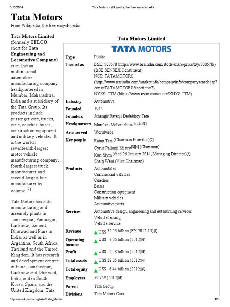 Tata Motors - Wikipedia, The Free Encyclopedia | PDF | Vehicles ...