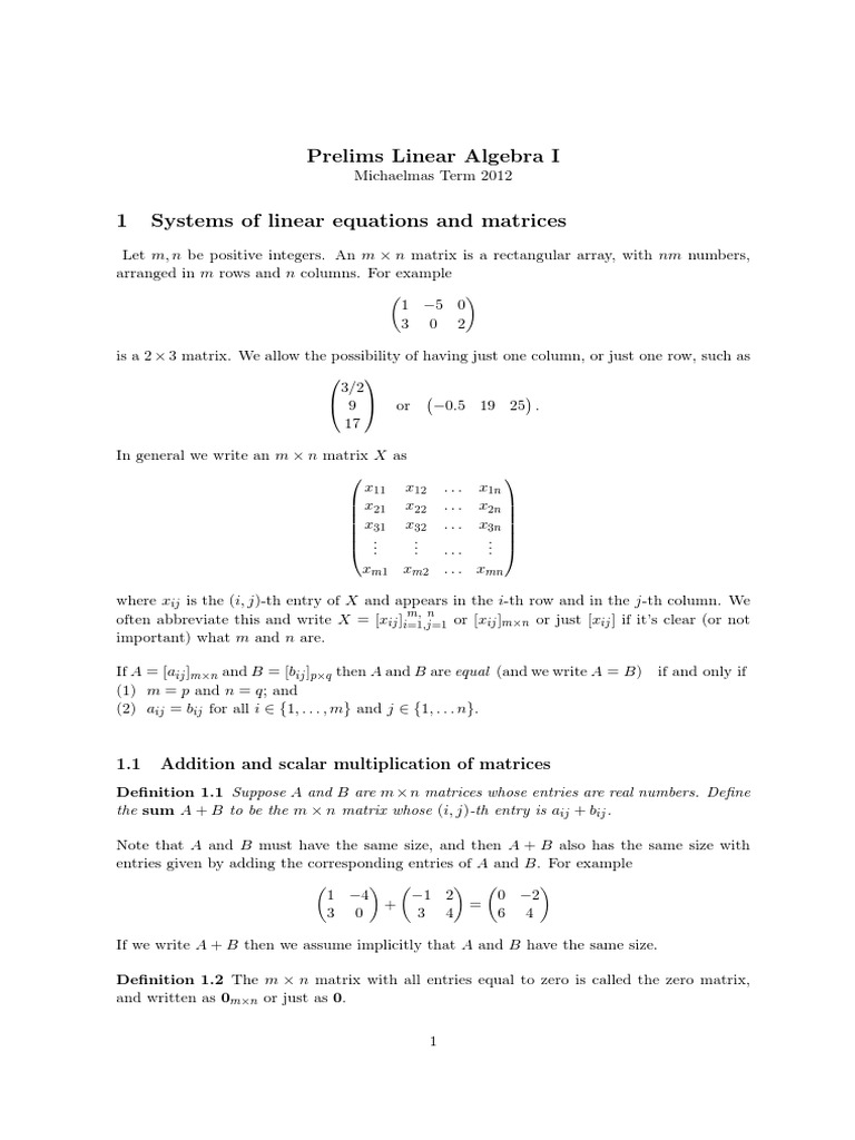 Prelims Linear Algebra I: 1.1 Addition and Scalar Multiplication of ...