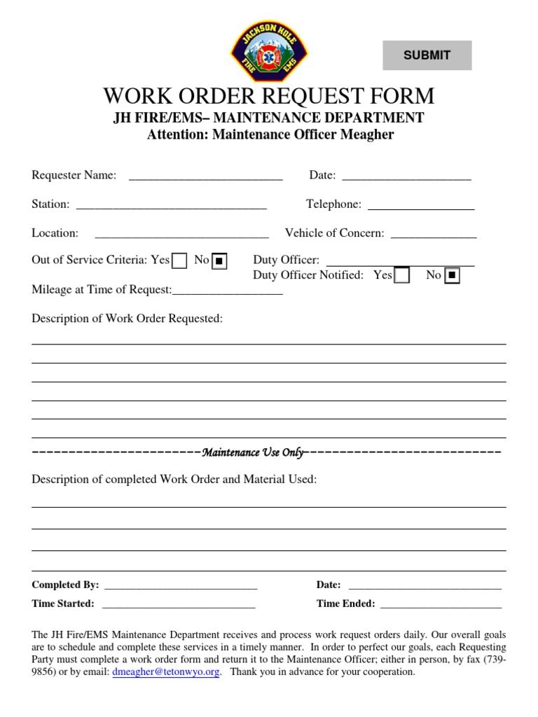 Work Order Request Form: JH Fire/Ems - Maintenance Department | PDF