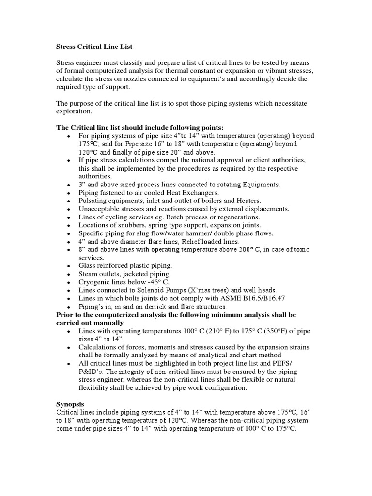 Critical Line List for Stress Analysis | PDF | Pipe (Fluid Conveyance ...