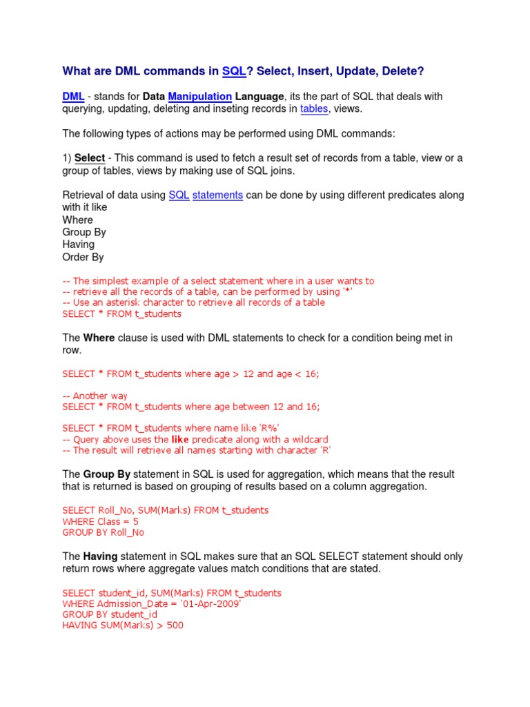 Dml Commands In Sql Select Insert Update Delete Pdf Sql 1462