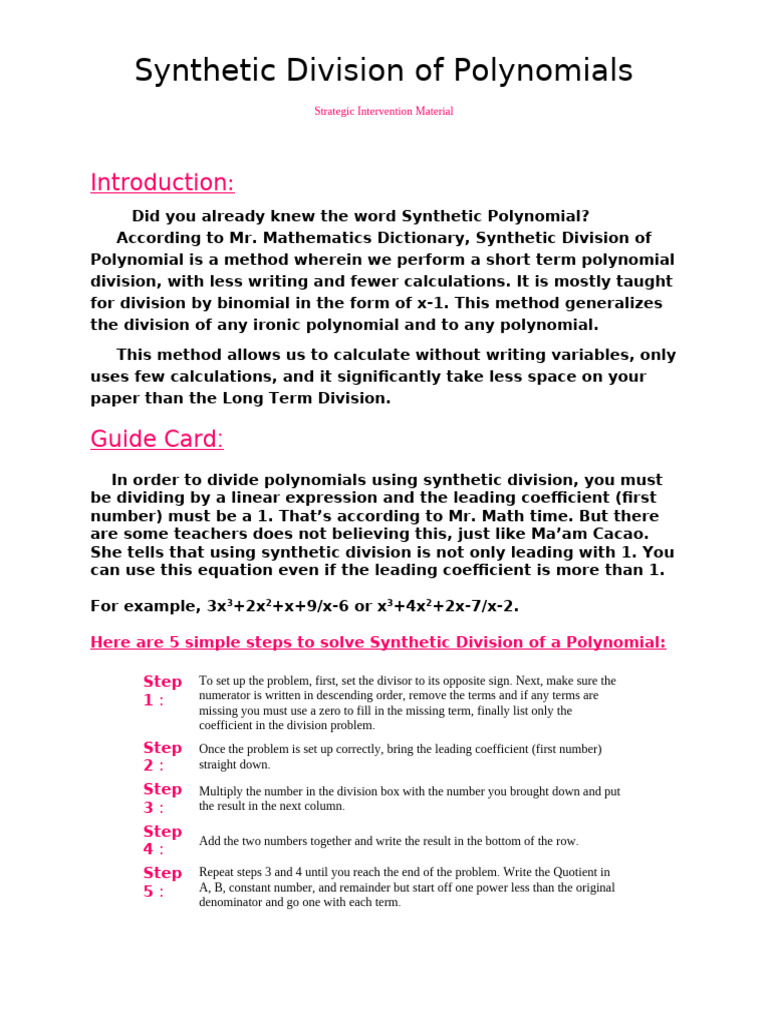 Synthetic Division of Polynomials (SYM) | PDF | Polynomial | Mathematical Objects