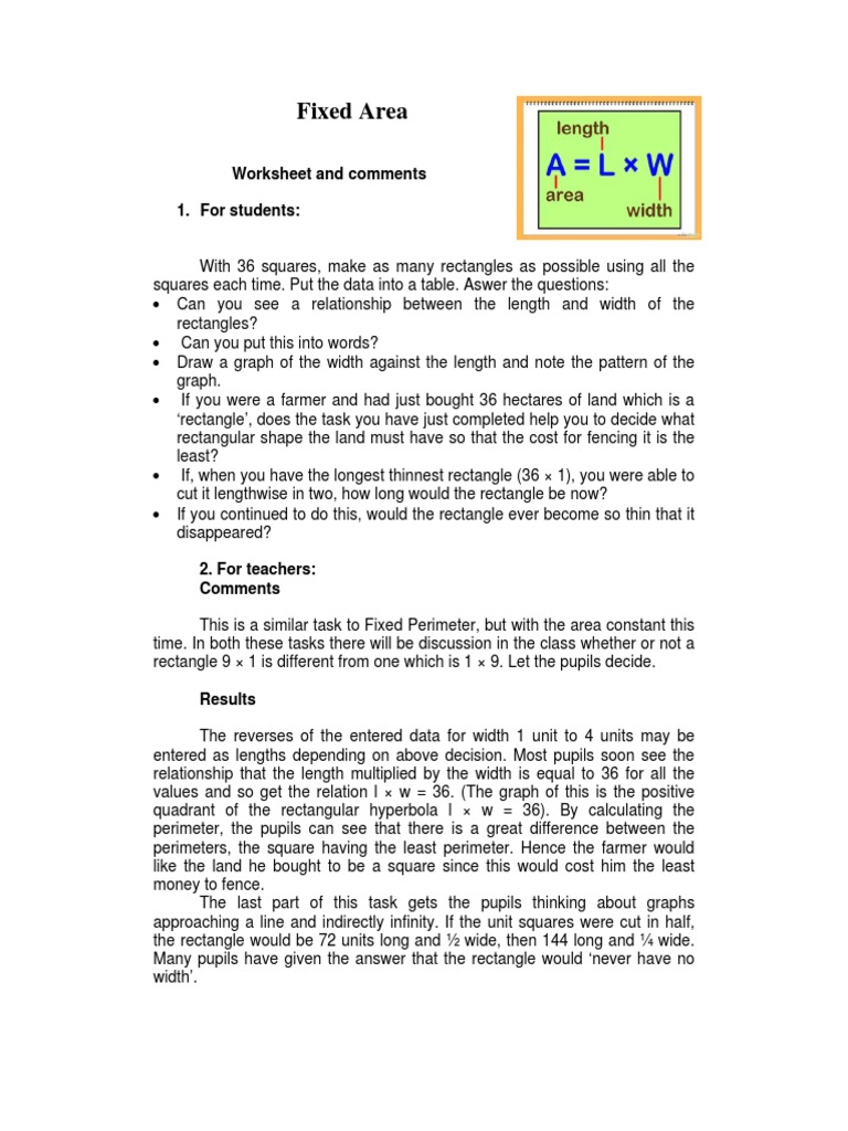 Fixed Area: Worksheet and Comments 1. For Students | PDF | Area | Rectangle