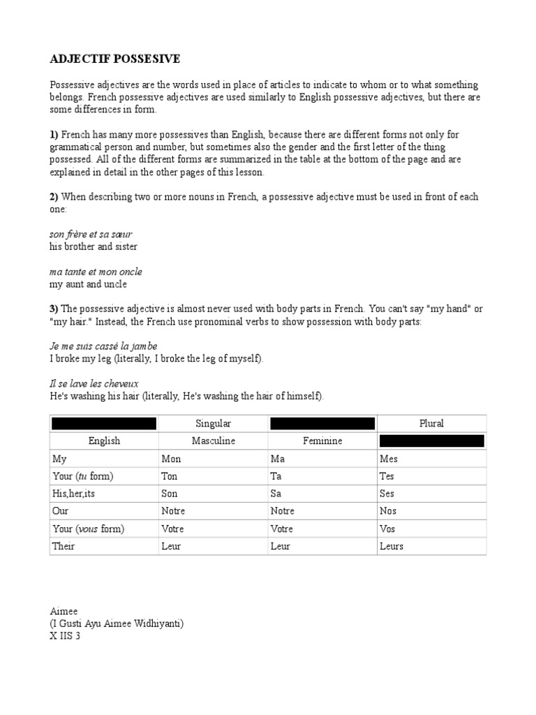 French Possessive Adjectives Guide | PDF | Foreign Language Studies