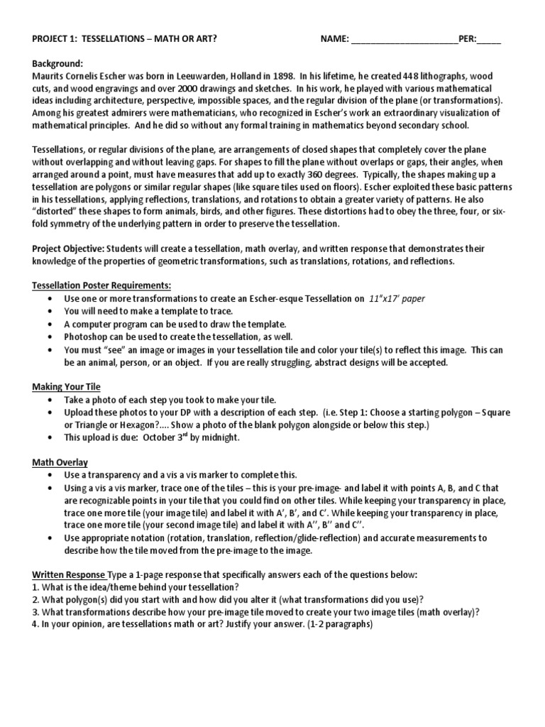 Tessellation Project Introduction and Rubric - Revised Due Dates-Rubric ...