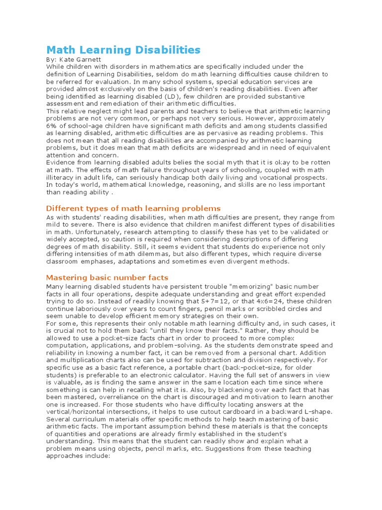 Math Learning Disabilities | PDF | Learning Disability | Teaching ...