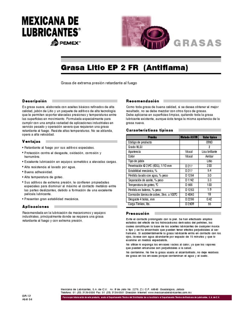Grasa Litio EP 2 FR (Antiflama) PDF | Descargar gratis PDF | Lubricante | Sustancias químicas