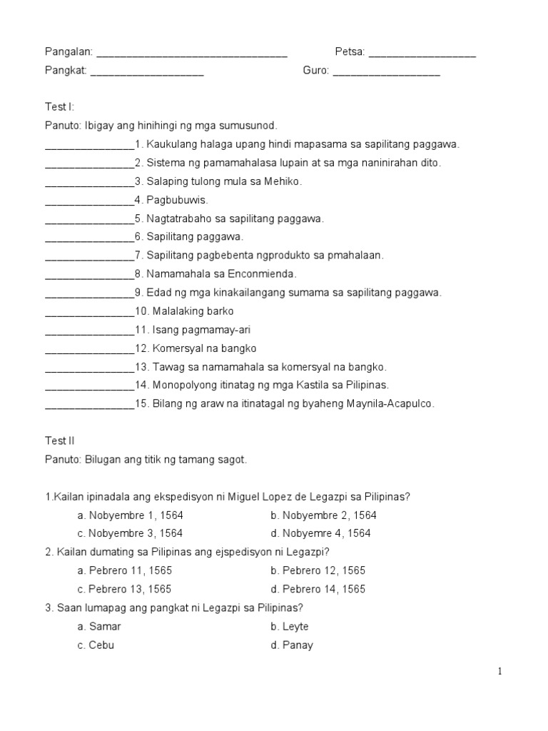 Sample Long Test of First Year - Araling Panlipunan 1 | PDF