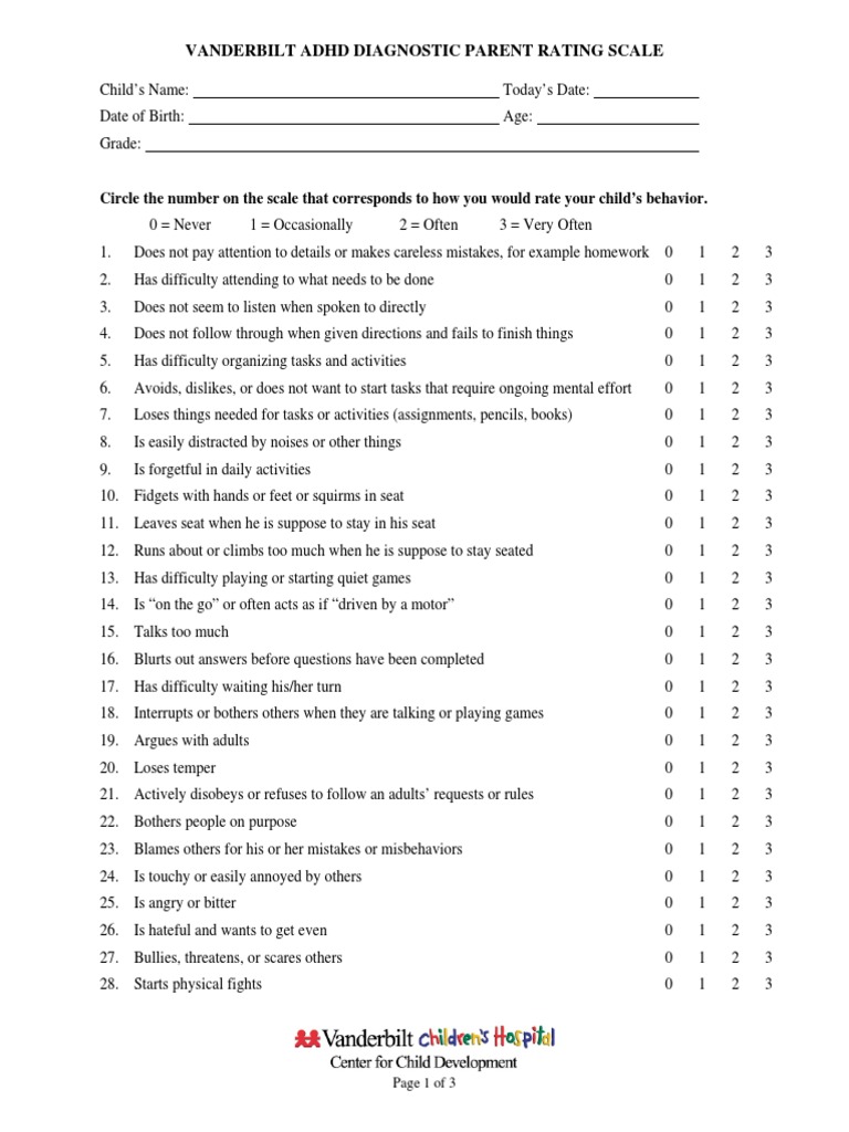 Vanderbilt ADHD Parent Rating Scale | PDF | Attention Deficit ...