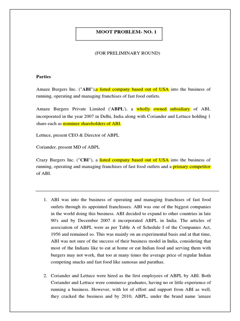 Parties: Moot Problem-No. 1 | PDF | Franchising | Public Company