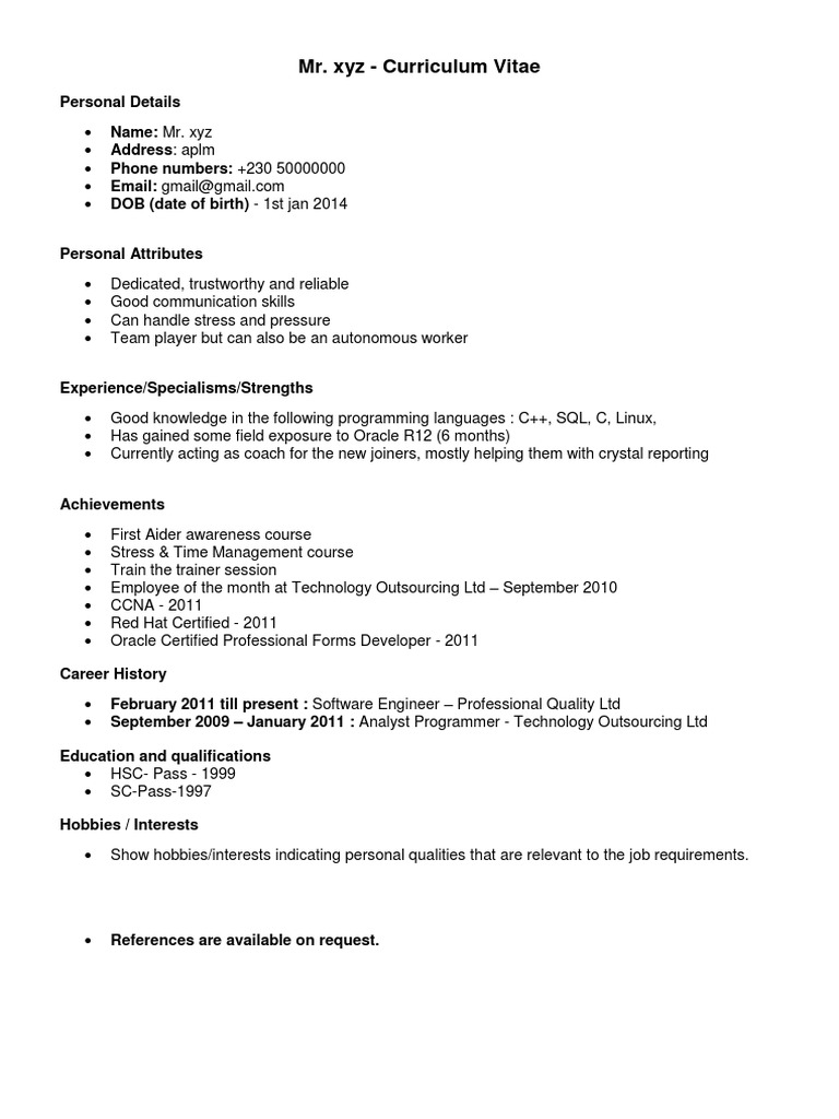 Mr. Xyz - Curriculum Vitae: Personal Details | PDF