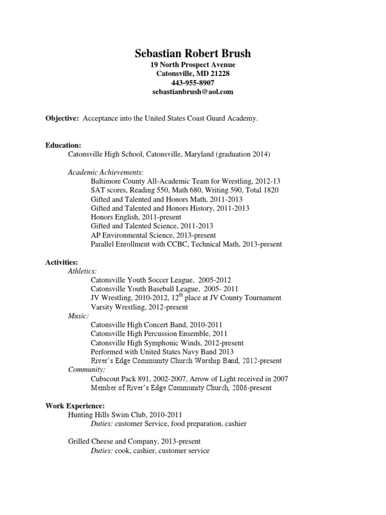 Sebastian Brush's Coast Guard Academy Resume | PDF | Travel