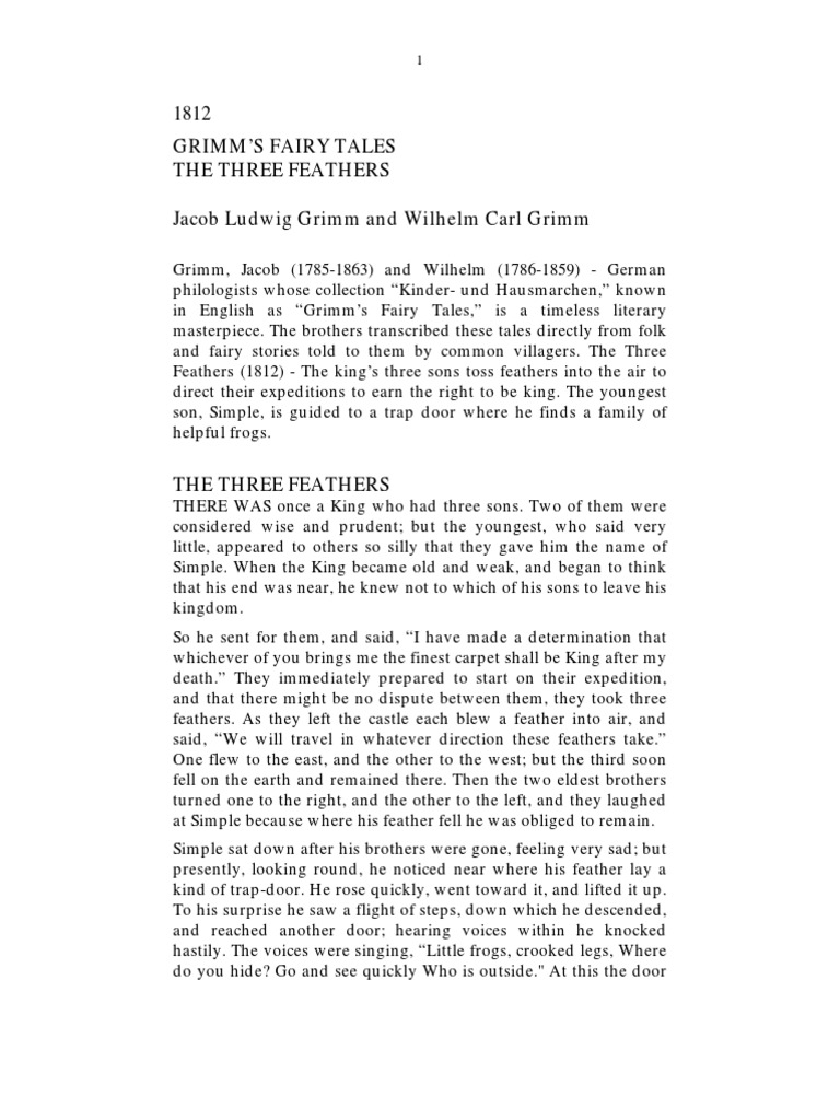 1812 Grimm'S Fairy Tales The Three Feathers Jacob Ludwig Grimm and ...