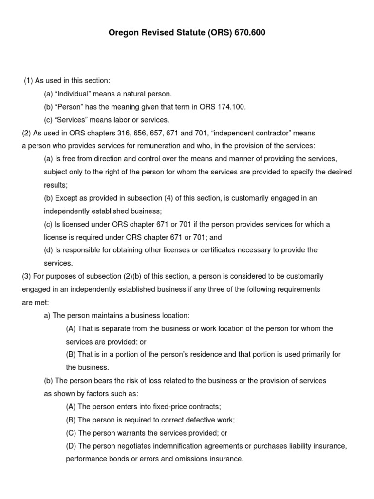 Oregon Revised Statute (ORS) 670.600 | PDF | Independent Contractor ...