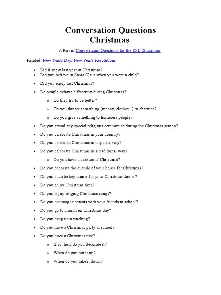 ESL Christmas Conversation Questions | PDF | Summer Events | Seasonal ...