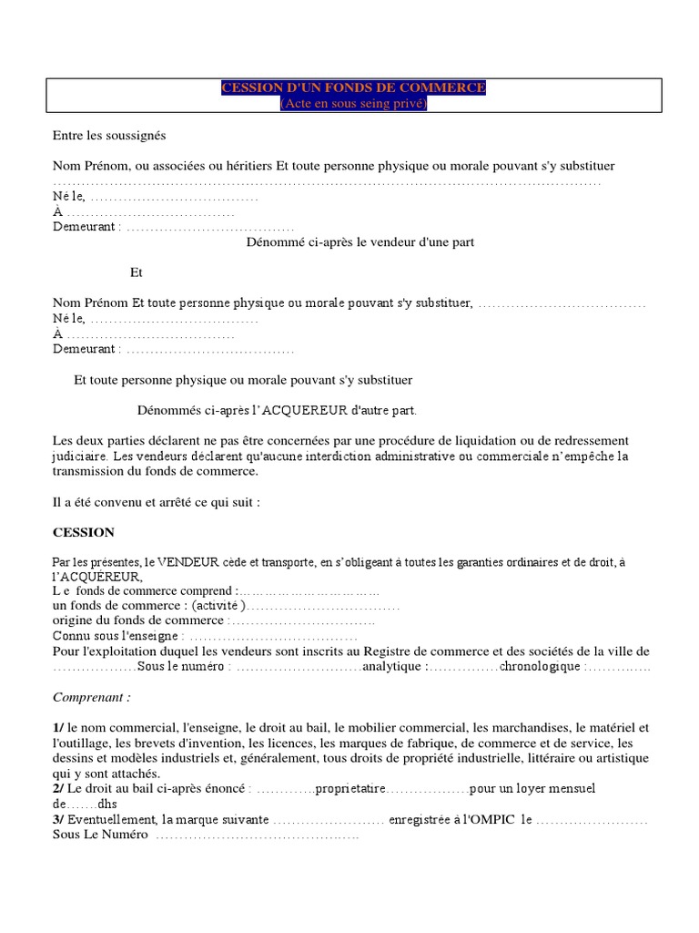 ACTE DE CESSION DE FONDS DE COMMERCE.docx | Commerce | Sodles