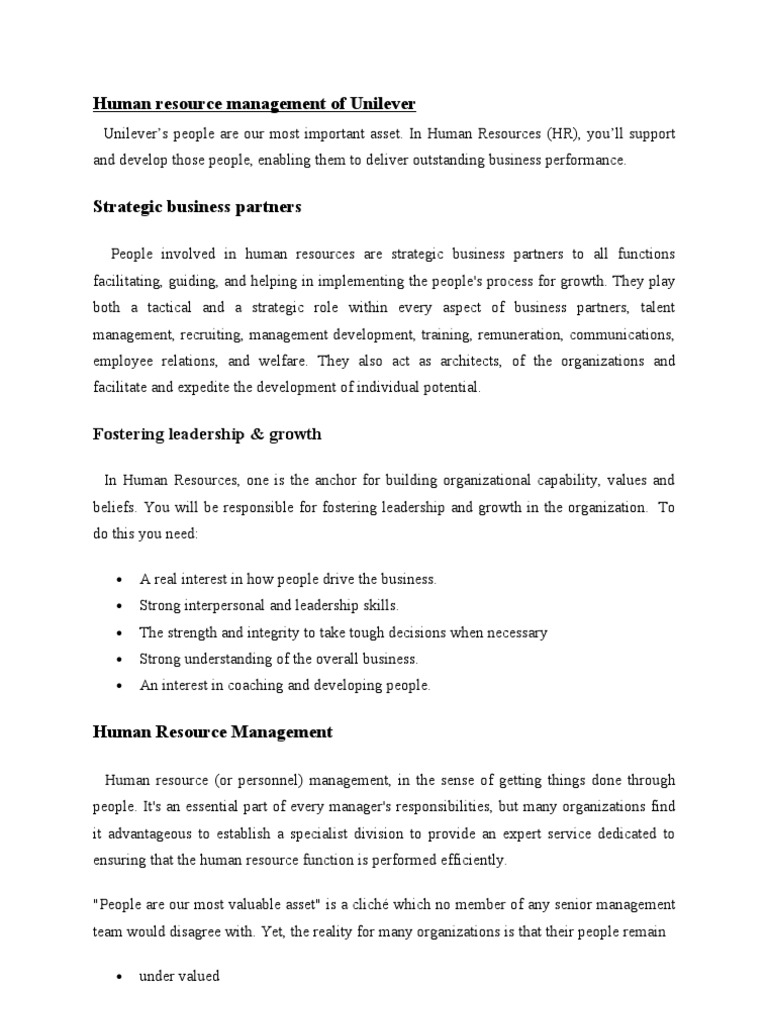 Unilever Human Resource Management Overview | PDF | Human Resource ...