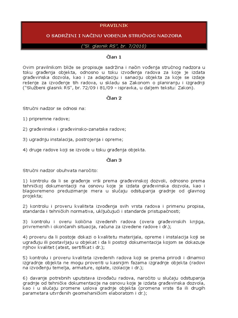 Pravilnik o Sadrzini I Nacinu Vodjenja Strucnog Nadzora LAT | PDF