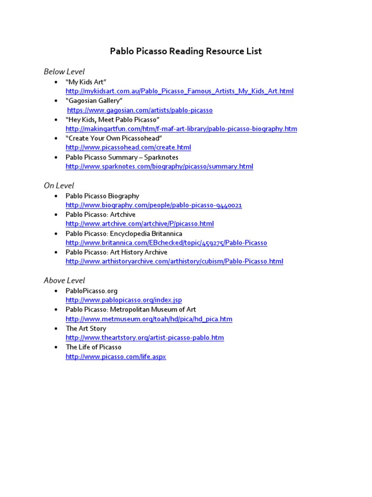 Picasso Reading Resources for Kids | PDF